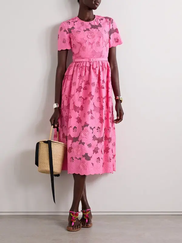 Self-Portrait Belted Cotton-Blend Guipure Lace Midi Dress In Pink - 50% Off  | Editorialist