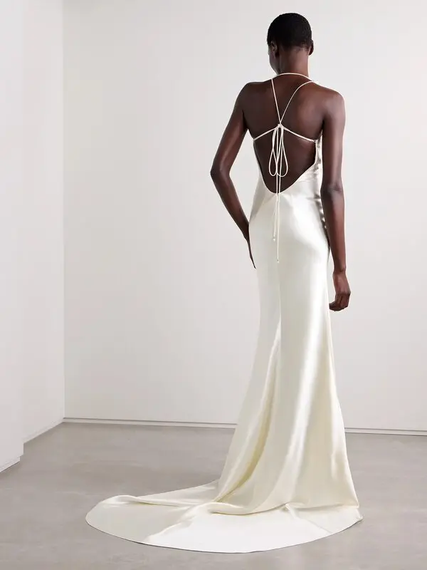 Danielle Frankel Stella Open-Back Silk And Wool-Blend Satin Halterneck Gown  - Ivory | Editorialist
