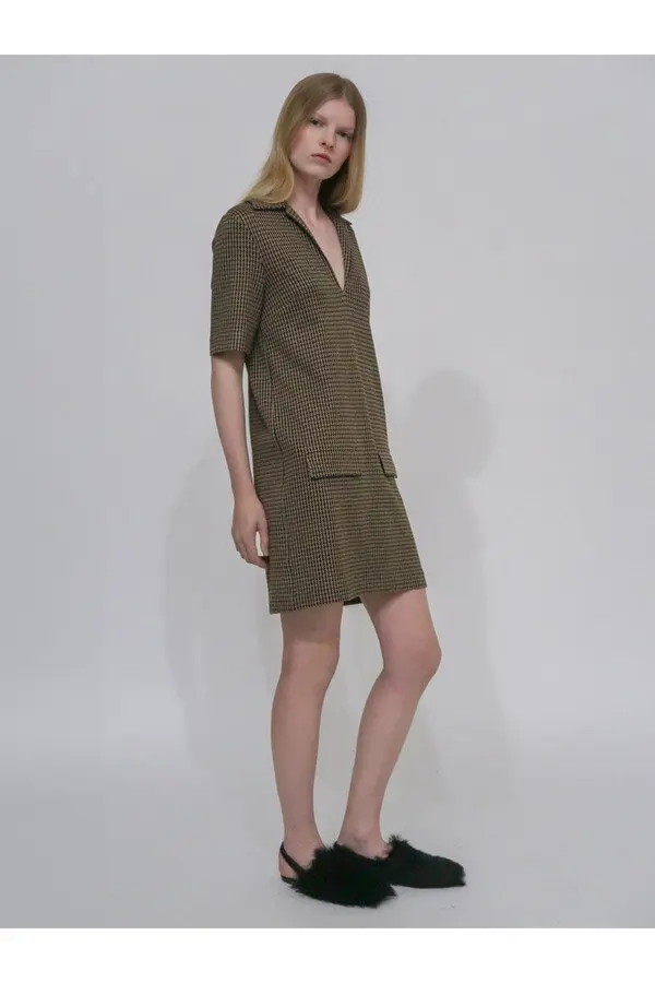 Rosetta Getty Lapel Collar Houndstooth Polo Dress