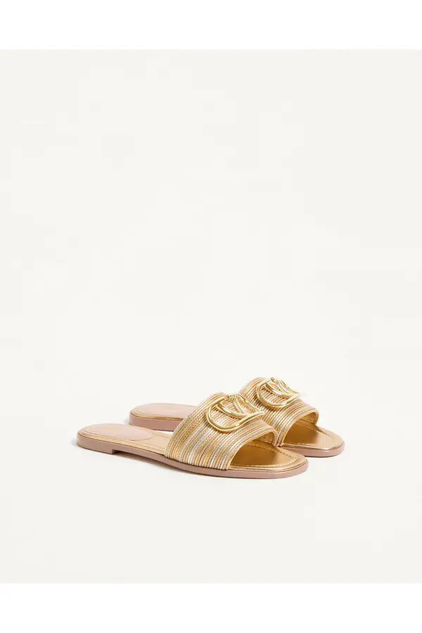 Valentino Garavani Vlogo Signature Metallic Leather Slide Sandal With Cornely Embroidery - Gold