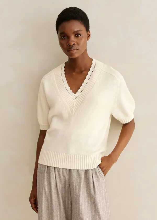 ME+EM Merino Cashmere Crochet Trim V Neck Jumper