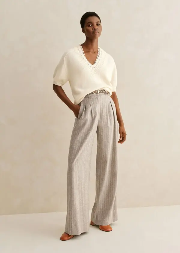 Me+Em Merino Cashmere Crochet Trim V Neck Jumper - Cream