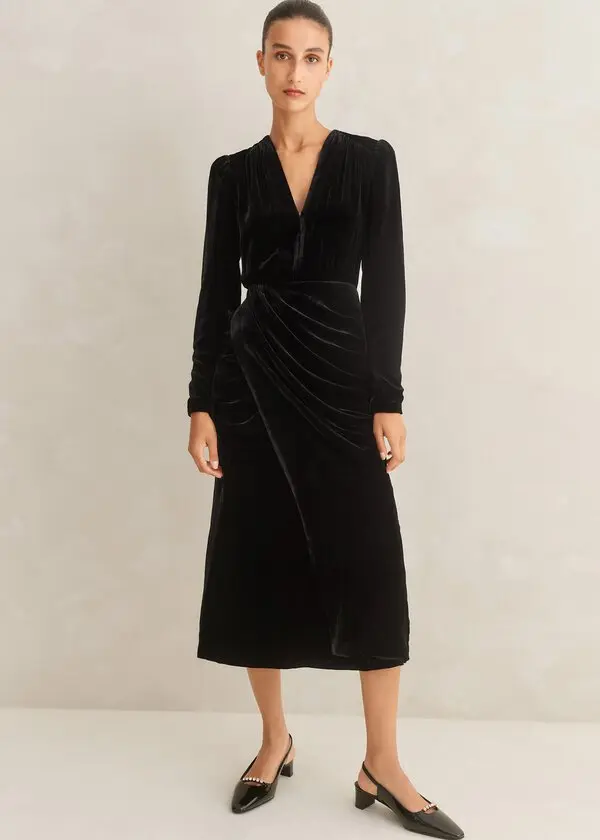 ME+EM Silk-blend Velvet Draped Midi Dress