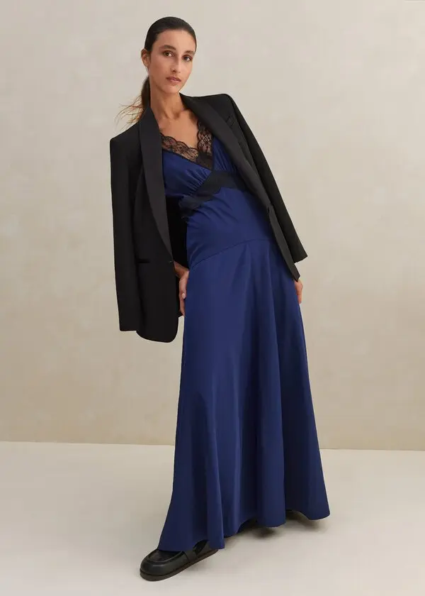 Me+Em Satin And Lace Full-Length Slip Dress - French Navy/Black |  Editorialist
