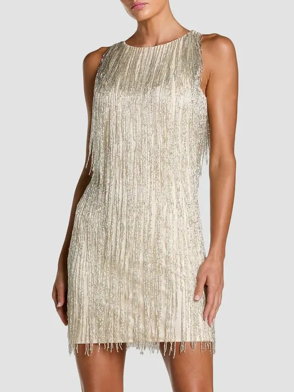 Mac Duggal Beaded Fringe Body-con Minidress - Beige Silver