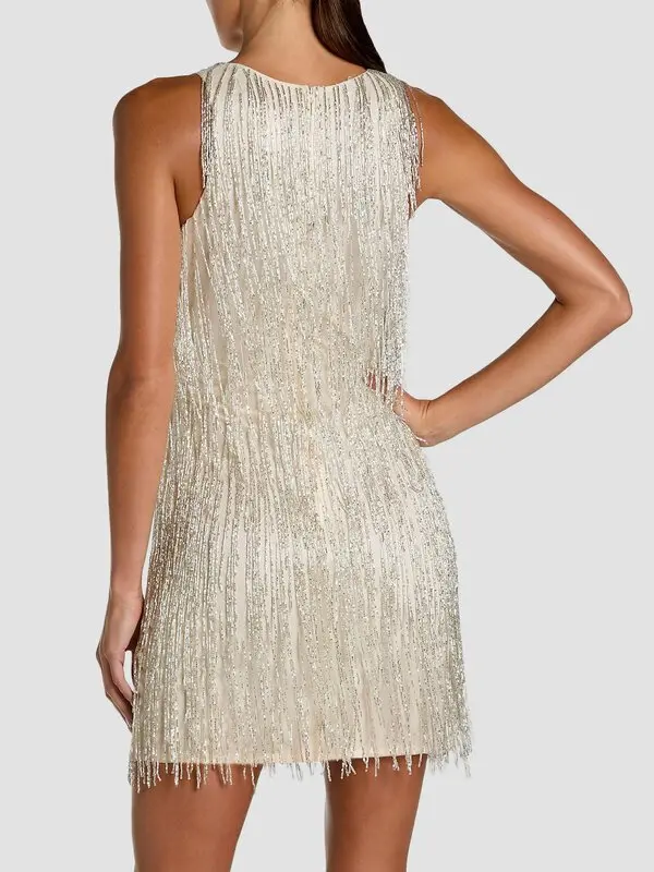 Mac Duggal Beaded Fringe Body-con Minidress - Beige Silver