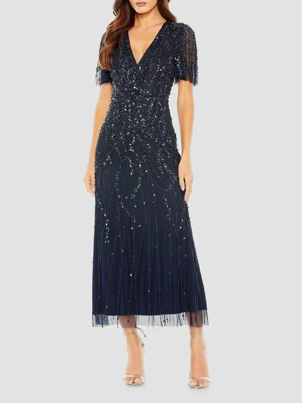 Mac Duggal Beaded Sheath Short-sleeve Midi-dress - Midnight