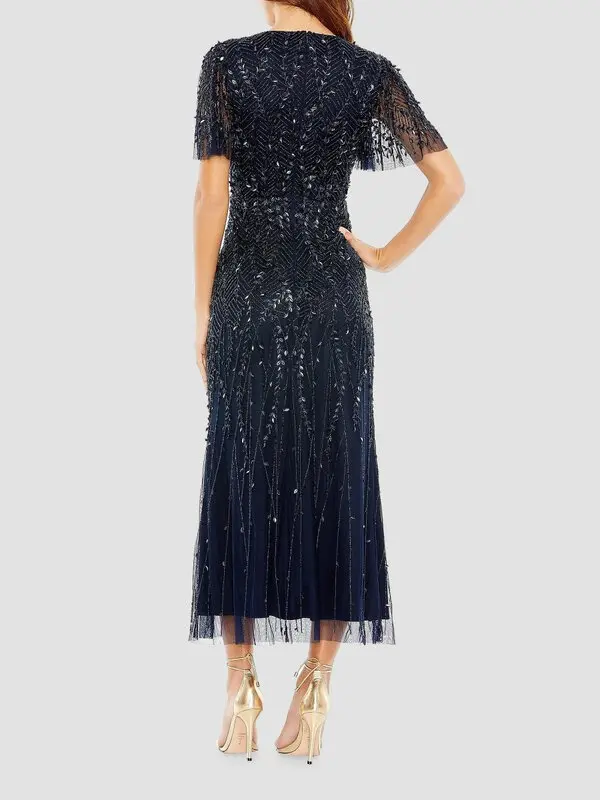 Mac Duggal Beaded Sheath Short-sleeve Midi-dress - Midnight