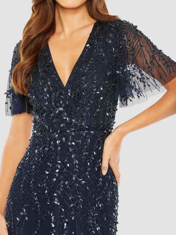 Mac Duggal Beaded Sheath Short-sleeve Midi-dress - Midnight