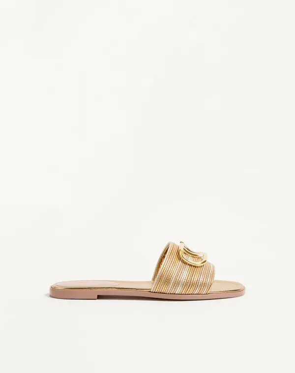 Valentino Garavani Vlogo Signature Metallic Leather Slides - Gold