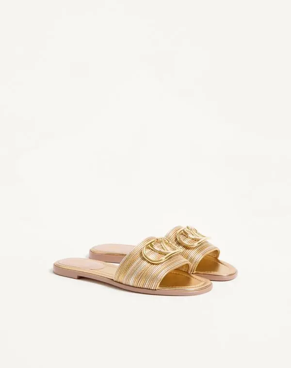 Valentino Garavani Vlogo Signature Metallic Leather Slides - Gold