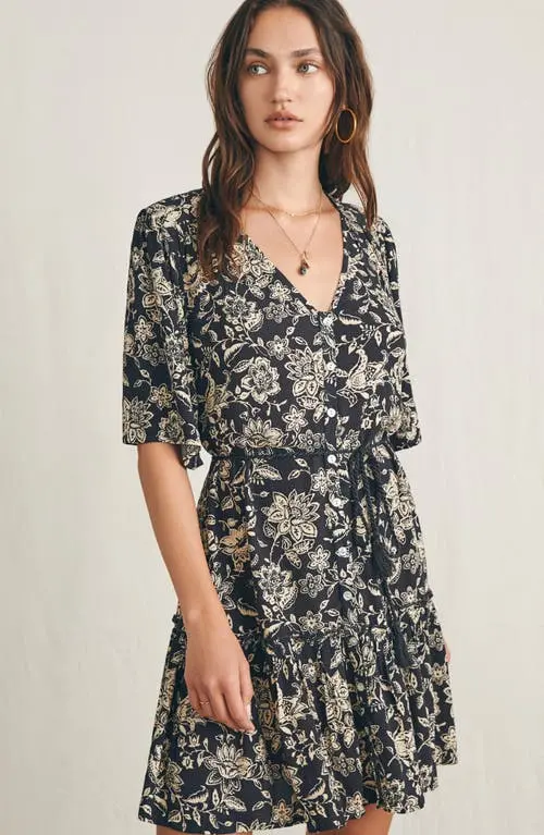 faherty orinda mini dress Faherty Orinda Tie Waist Button-Up Crepe Minidress Womens Small Black  Floral A-Line Knee Length Short Sleeve V-Neck Lightweight Rayon Buttoned  Back
