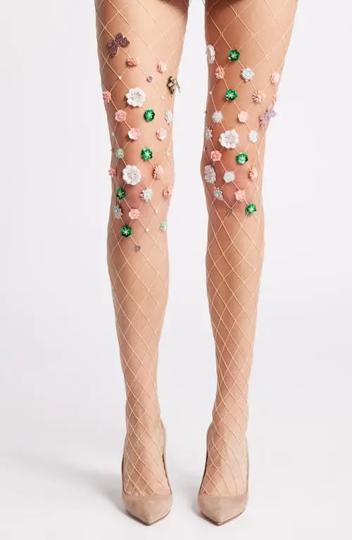 HIGH HEEL JUNGLE Aurora Floral Appliqué Sheer Tights - Beige