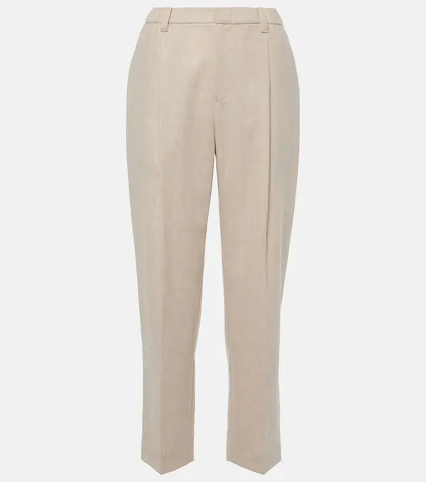 Brunello Cucinelli Pleated Cotton Straight Leg Pants - Beige