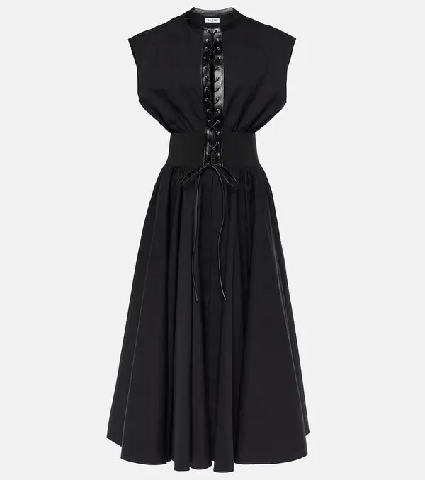 AlaA Leather-Trimmed Cotton Maxi Dress - Black | Editorialist