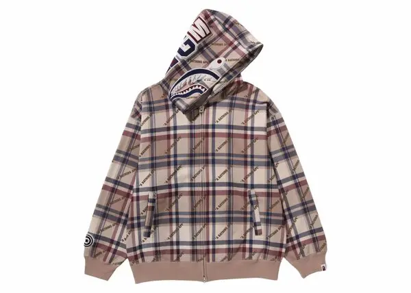 A BATHING APE Logo Check Pattern Shark Full Zip Hoodie - Beige