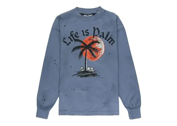 Palm Angels Sunset Palm Garment Dyed Long Sleeve Sweatshirt - Blue