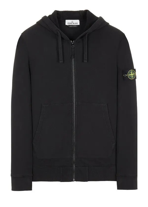 Stone Island 64220 Brushed Cotton Fleece Zip Up Hooded Sweatshirt - Black