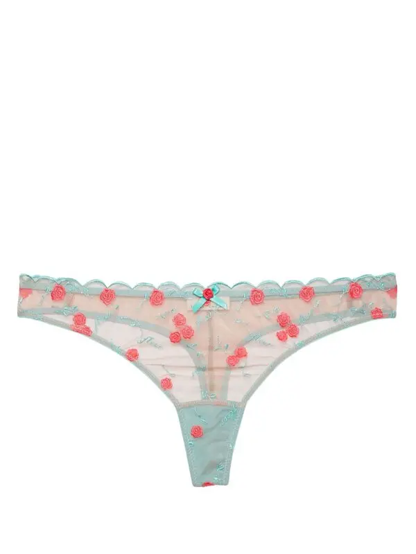FLEUR DU MAL Rose And Vine Embroidered Thong - Blue