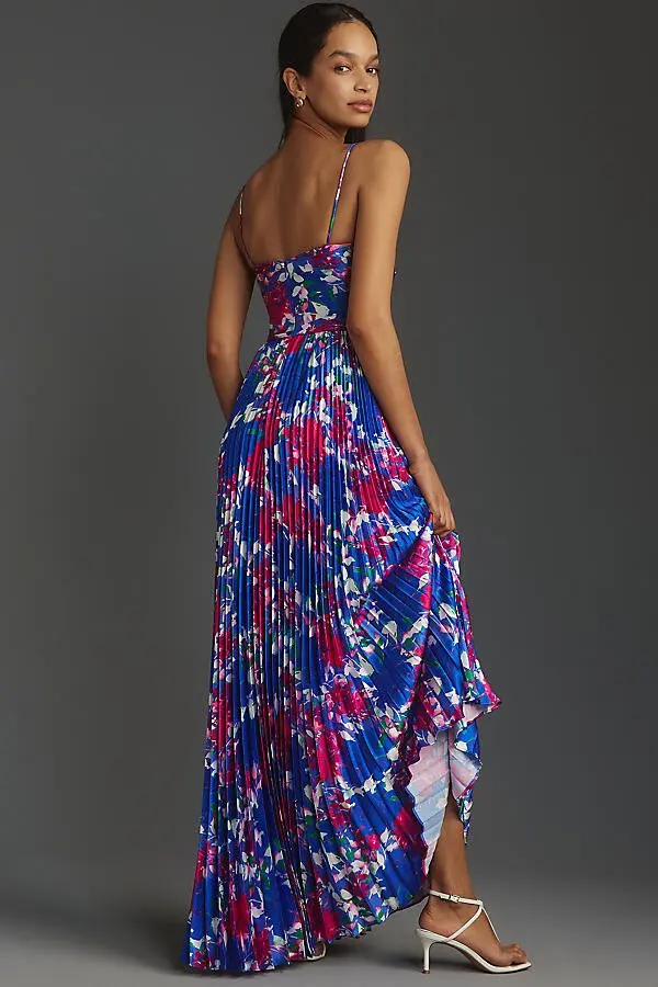 Monique Lhuillier Pleated Satin Maxi Dress In Blue - 46% Off | Editorialist