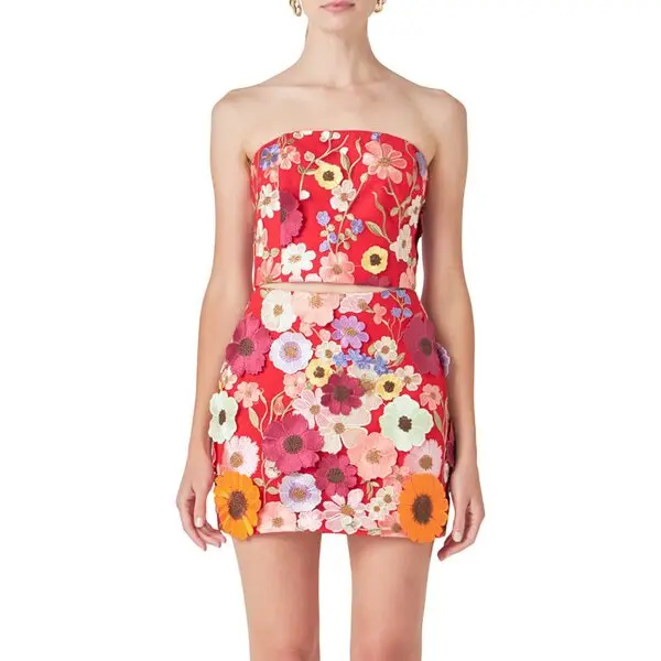 Endless Rose Floral Embroidered Strapless Top - Red