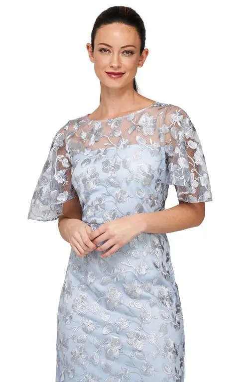 Js Collections Brooke Floral Embroidered Gown - Silver/ Azure