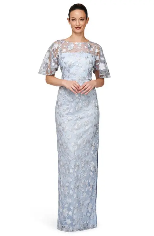 Js Collections Brooke Floral Embroidered Gown - Silver/ Azure