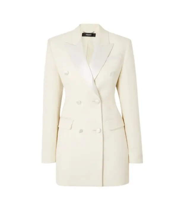 Versace Double-breasted Satin-trimmed Grain De Poudre Wool Mini Dress