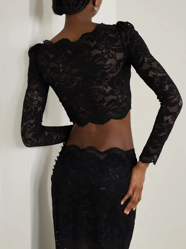 Rabanne Cropped Scalloped Stretch-lace Top - Black