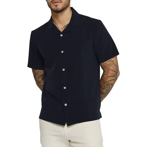 7 Diamonds Vance Textured Stretch Camp Shirt - Navy