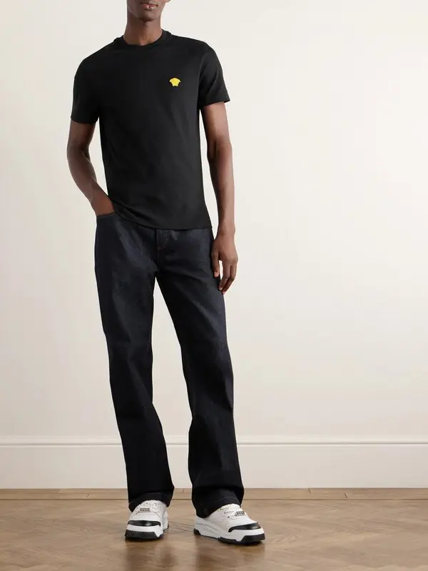 Versace Slim-fit Logo-embroidered Cotton-jersey T-shirt - Black