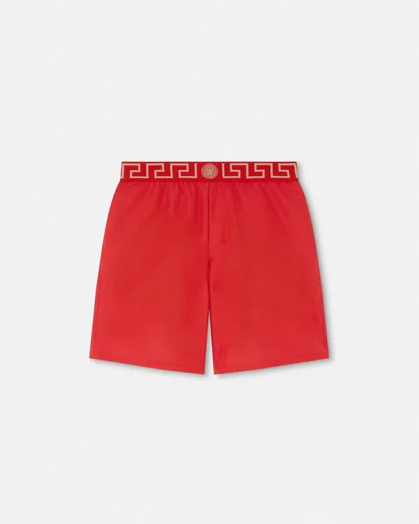 Versace Boardshorts With Greca Border And Medusa Motif - Red