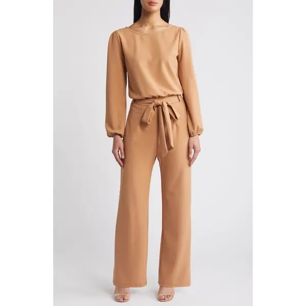 NIKKI LUND Laurie Long Sleeve Tie Waist Jumpsuit - Almond