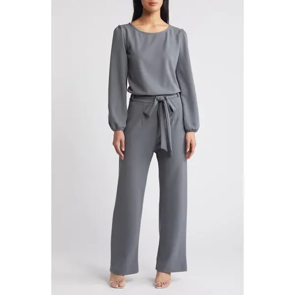 NIKKI LUND Laurie Long Sleeve Tie Waist Jumpsuit - Grey