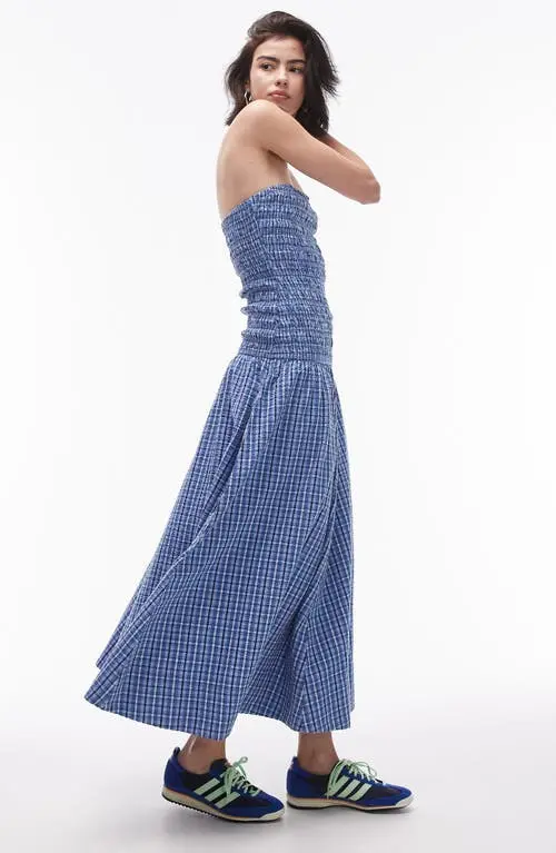 Topshop Plaid Smocked Strapless Maxi Dress - Medium Blue