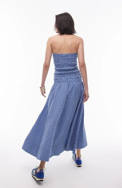 Topshop Plaid Smocked Strapless Maxi Dress