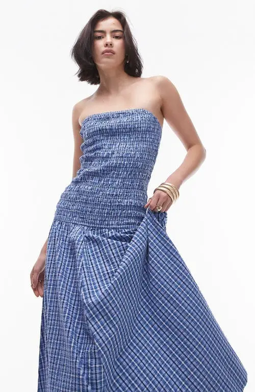 Topshop Plaid Smocked Strapless Maxi Dress