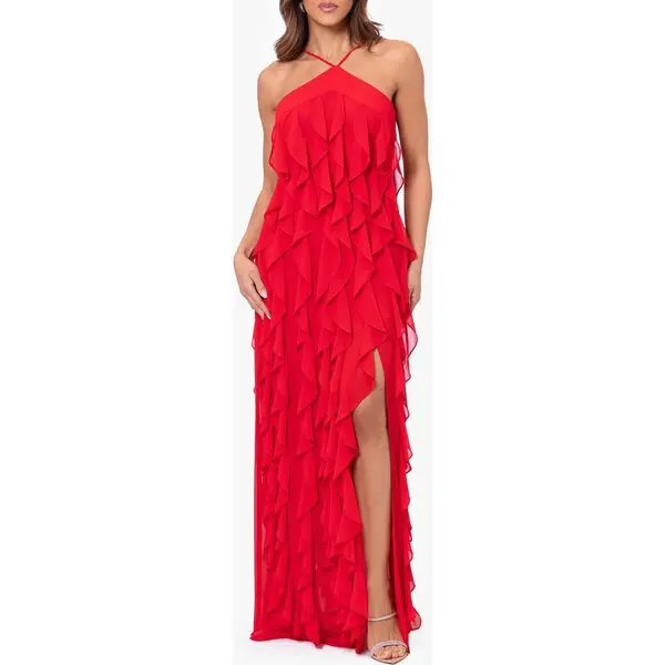 XSCAPE EVENINGS Corkscrew Ruffle Chiffon Gown