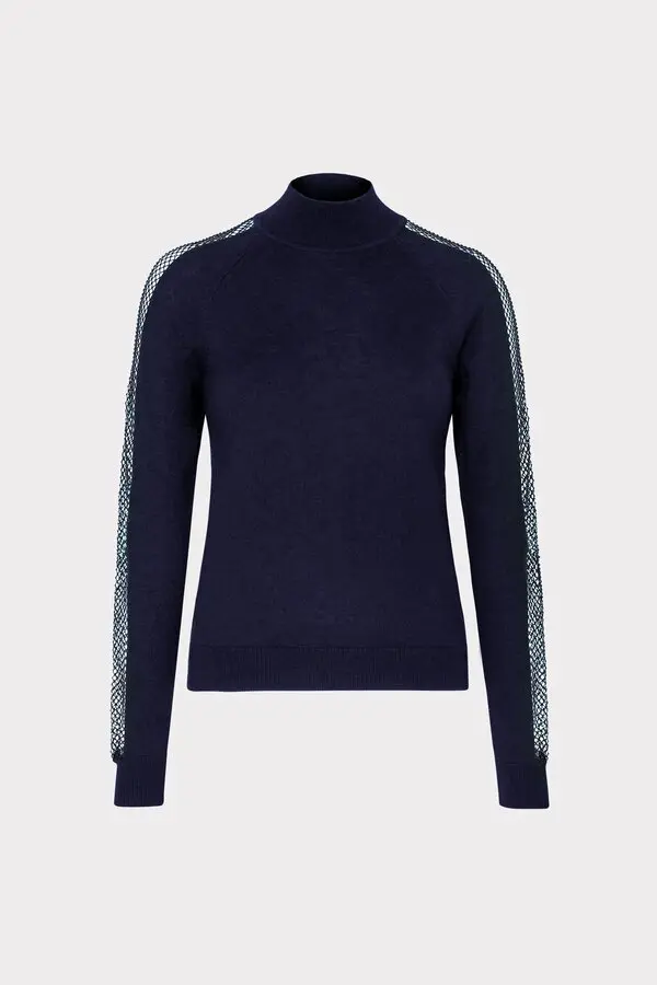 MILLY Crystal Racer Turtleneck Top - Navy
