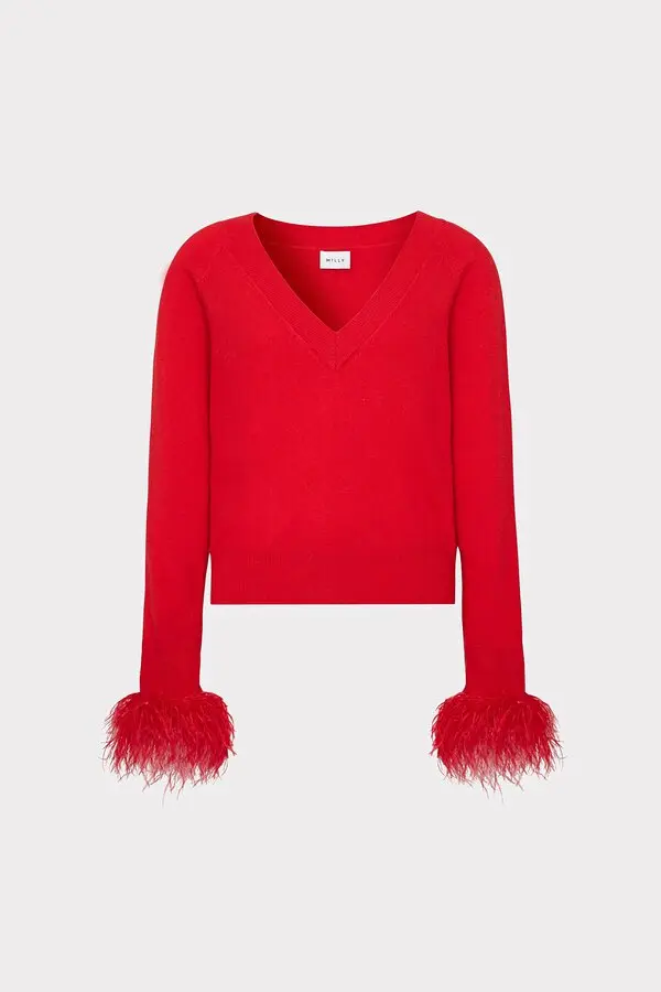 MILLY Feather Cuff V-neck Long Sleeve Sweater - Red