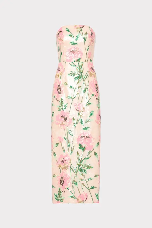 MILLY Kait Strapless Floral Sequin Midi Dress - Blush