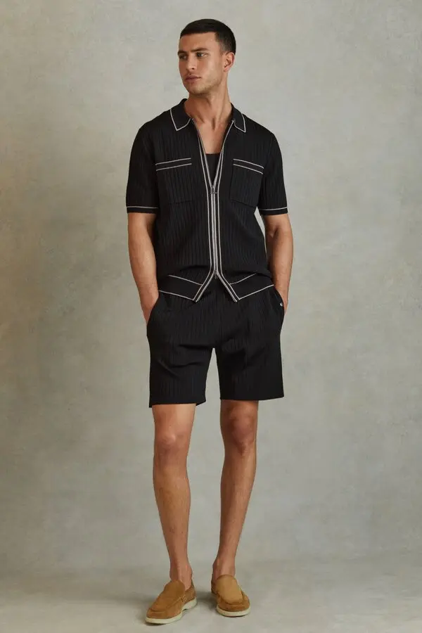 REISS Etienne Ribbed Waist Shorts - Black