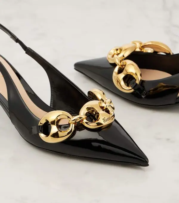 Gucci Marina Chain Patent Leather Slingback Pumps