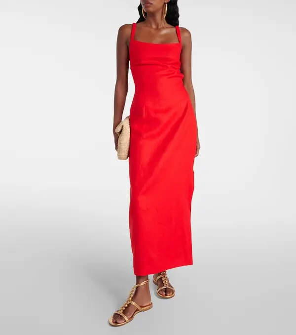 SIR. Primrose Ruched Linen Maxi Dress - Red