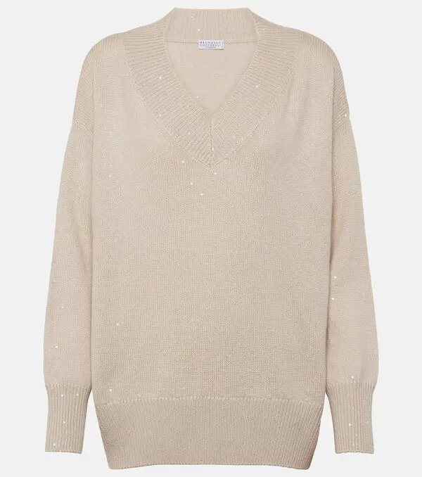 Brunello Cucinelli Embellished Cashmere And Silk Sweater - Beige