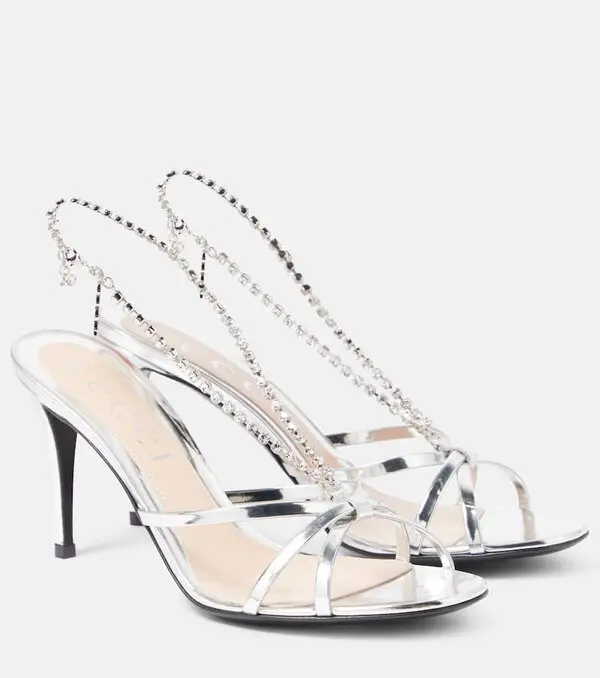 Gucci Heloise Embellished Metallic Leather Sandals