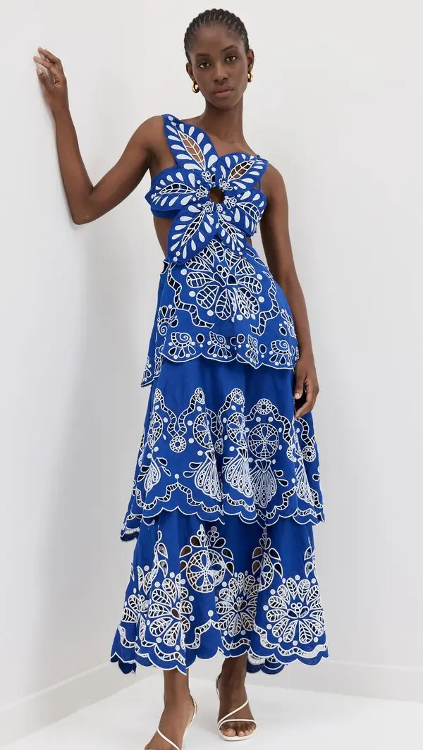 farm rio deep blue palm tree richelieu midi dress Farm Rio + Deep Blue Palm Tree Richelieu Midi Dress