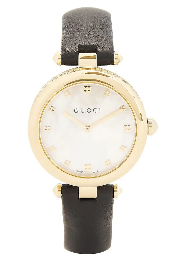 Gucci Mother Of Pearl Dial Leather Strap Watch - Black
