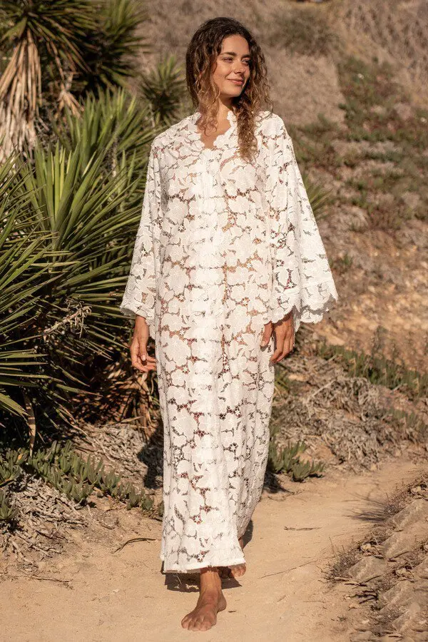 Miguelina Sasha Floral Cut-out Lace Caftan - White