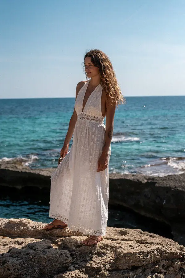 Miguelina Oliana 3d Daisy Embroidered Voile Halter Dress - Neutral